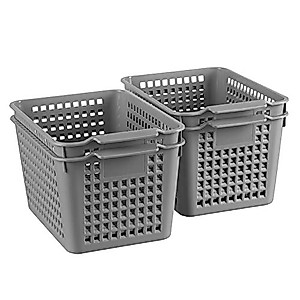 Plastic Storage Basket - 4 Pack Plastic Storage Basket Tray, Gray Plastic Storage Bins, Organizer Bins, Weave Storage Basket with Handles, Perfect for Office Kitchen Bathroom