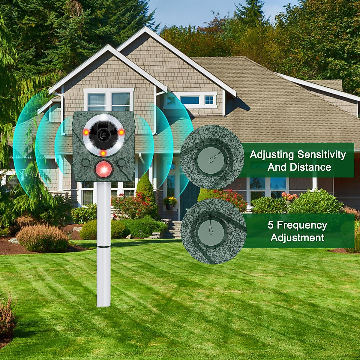 Solar Ultrasonic Animal Repeller Outdoor, Squirrel Deer Repellent, Ultrasonic Raccoon Repellent with Motion Sensor for Skunk, Fox, Deer, Wolf, Coyote, Rabbit, Mole