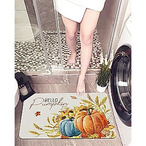Bathroom Floor Shower Mat, Non-Slip Small Rugs - Easy to Clean, Fall Thanksgiving Pumpkins Sunflowers Wheat Maple Leaves Durable Bath Rug 16"x24" Washable Quick Dry Mats for Bathtubs