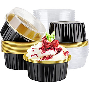 EUSOAR Ramekins with Lids, 25pcs 5oz Cupcake Liners Aluminum Foil Baking Dessert Cups Holders, Mini Muffin Creme Brulee Disposable Ramekins Cheesecake Pan for Catering Wedding Party Favor-Black&Gold