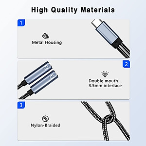 LecLooc USB C to Dual 3.5mm Aux Audio Adapter, Hi-Res Sound Quality, Widely Compatible with iPhone 15, Pixel 7, Galaxy S23, iPad Air, MacBook, etc.