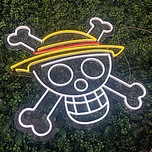 One Piece Anime Neon Signs Japanese Anime Luffy Skull Head Flexible Night Light Sign Indoor Home Kids Teen Bedroom Wall Art Decor for Bar Club Party Halloween Gifts