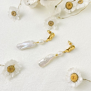 Baroque Keshi Pearls Stud Earring Natural Freshwater Pearls Dangle Earrings Gold Pearl Drop Earrings Jewelry S925 with 14K Gold Plated Modern Eardrop for Women