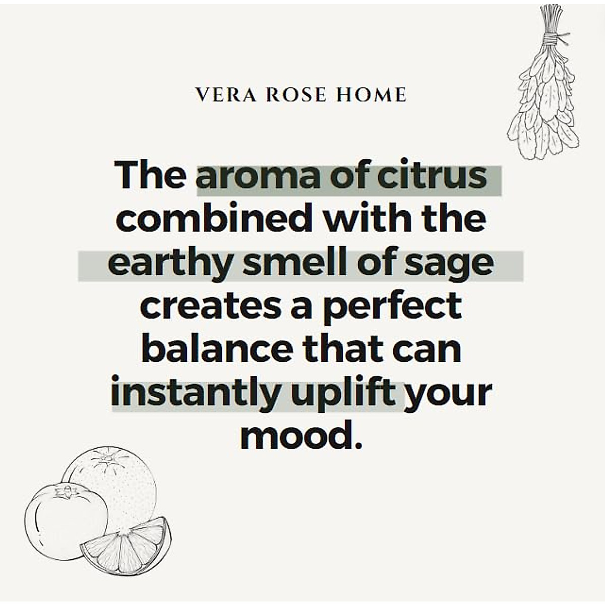 Vera Rose Home Sage & Citrus Scented Soy Candle Long Burning Highly Scented Candles 60+ Hours Clean Burning White Natural, Christmas Gift Odor Eliminating Candle Safe for Pets 12oz Jar Candle