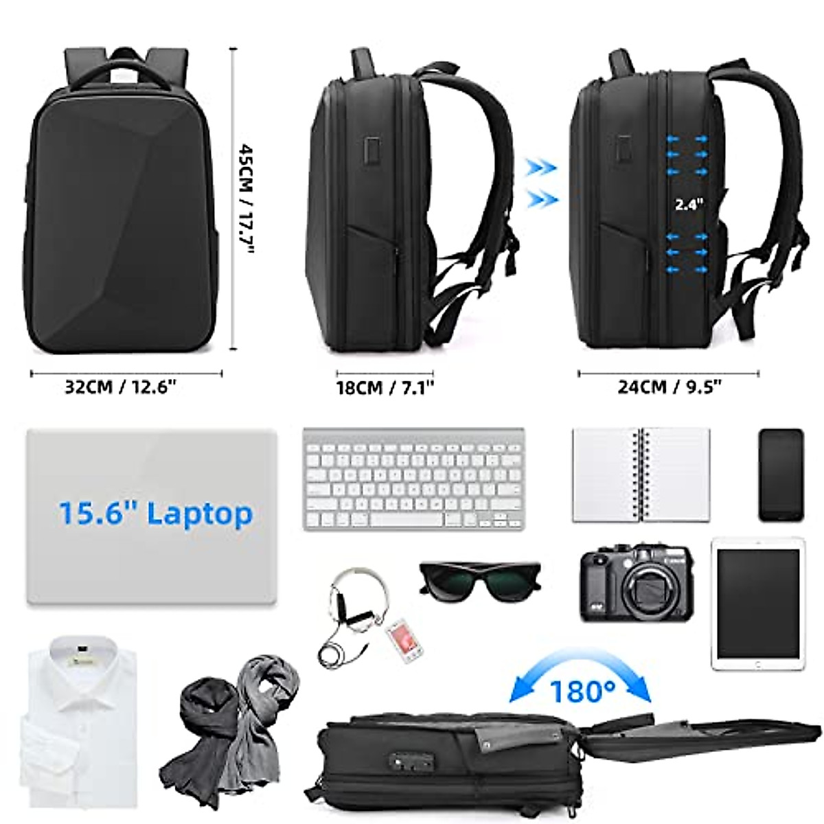 FENRUIEN Anti Theft Laptop Backpack for Men, Expandable Water Resistant Hardshell Backpack with USB Port, Black Business Travel Computer Bag 15.6 Inch