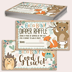 Diaper Raffle Tickets - Woodland Animals Card, Cute Fun Animals and Colorful Baby Shower Games Raffle Sign and Ticket, Gender Neutral, Baby Party Decorations, Set of 50 Double Sided Raffle Cards