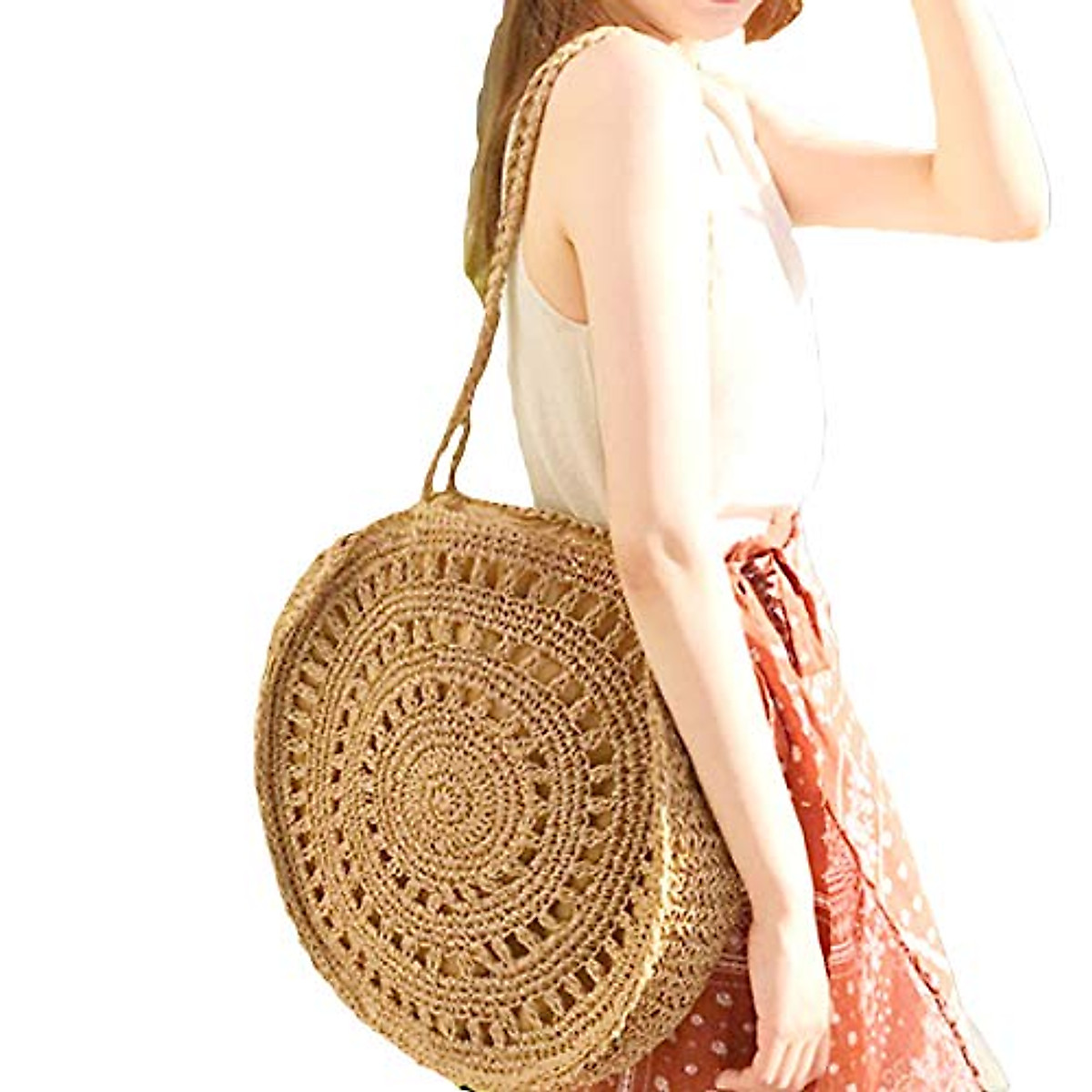 Women's Girl Boho Handwoven Rattan Straw Bag Shoulder Bag Handbag (Brown)