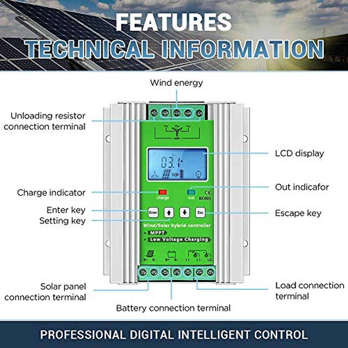 iSunergy 1000W Wind Solar Hybrid Charge Controller 12V/24V MPPT Boost Charge Regulator with LCD Display and Free Dump Load Accurate (600W Wind + 400W Solar)