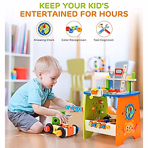 Ohuhu Tool Workench Toy Set, Kids Toy Play Workbench, Kids Wooden Tool Bench Workshop, Workbench with Tools Set (89 Piece Set), Wooden Construction Bench Toy for Boys Girls Age 3 4 5 6 7