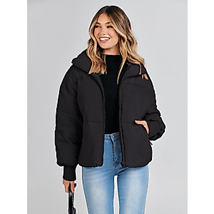 MEROKEETY Women's 2025 Winter Long Sleeve Zip Puffer Jacket Pockets Baggy Short Coats, Black, L
