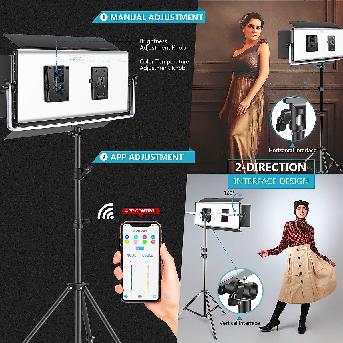 Neewer Professional 1904 LED Video Light with APP Intelligent Control System, Dimmable Bi-Color 3200K-5600K Photography Lighting Kit for YouTube Studio Video Lighting with LCD Screen, Metal Shell