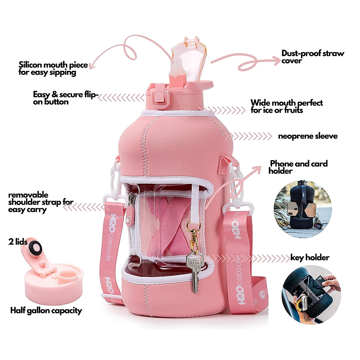 H2O Capsule 2.2L Half Gallon Water Bottle with Storage Sleeve and Covered Straw Lid – BPA Free Large Reusable Drink Container with Handle - Big Sports Jug, 2.2 Liter (74 Ounce) Rose Quartz