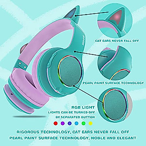 MIDOLA Kids Headphone Bluetooth Wireless or Wired Over Ear Cat Light Foldable Stereo Headset with AUX 3.5mm Mic Volume Limit 110-94 dB for Adult Child Boy Girl Cellphone Tablets TV Game Green