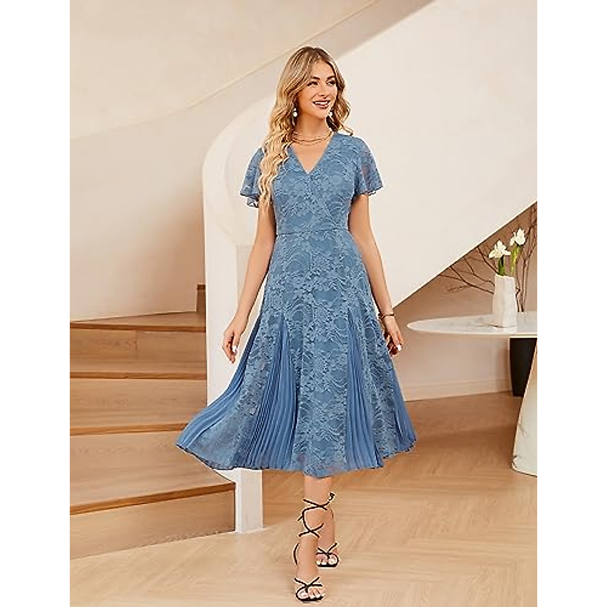 Women's Lace Formal Dress Elegant Classy Pleated A Line Fit and Flare Midi Dresses Blue