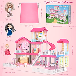 Doll House, Dream House for Girls 3 Stories 7 Rooms Dollhouses with 3 Dolls Toy Figures, Swim Pool, Slide, Furniture and Accessories, Pretend Playhouse Gift Toy for Kids Ages 3 4 5 6 7 8+