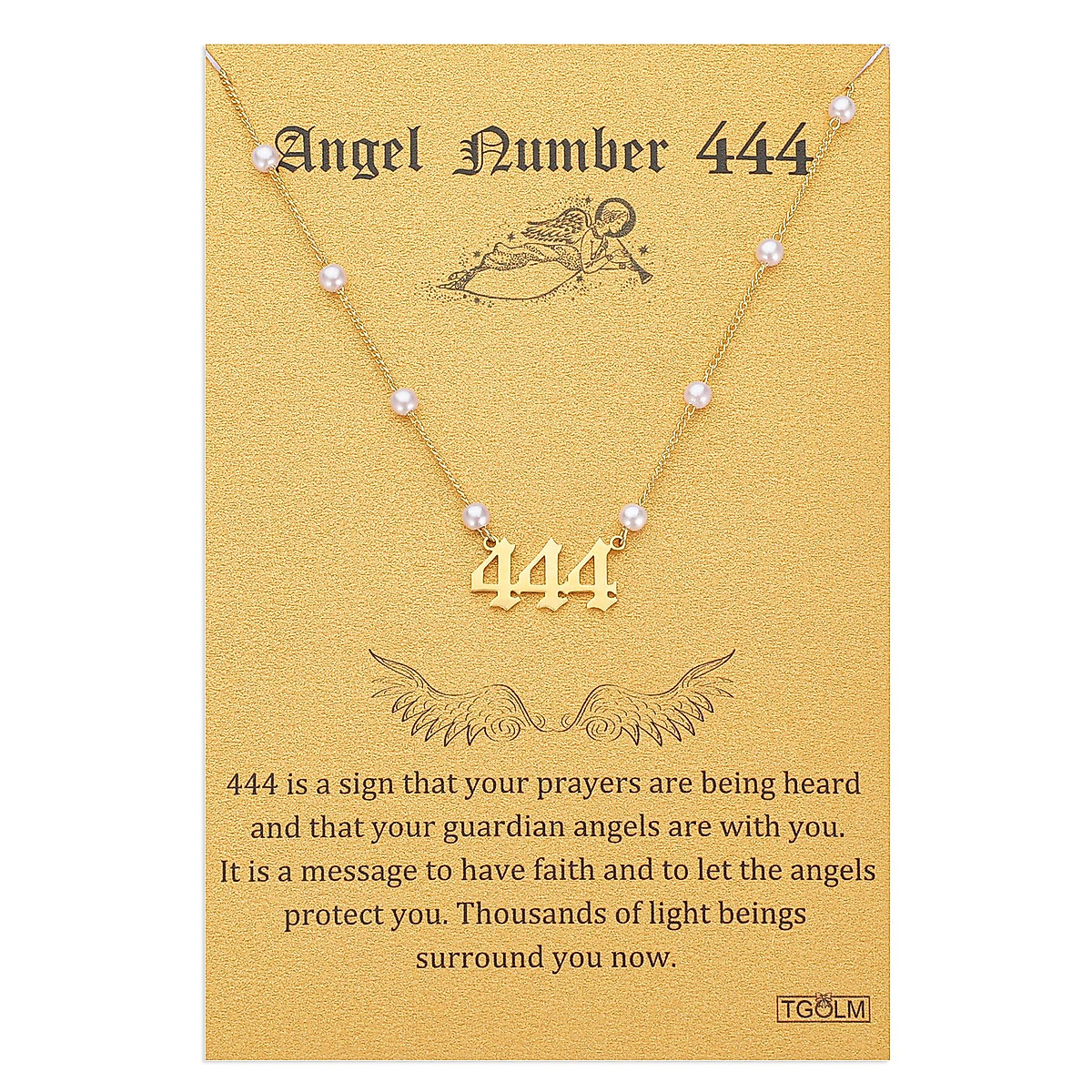 TGOLM 444 Necklace Gold Plated Stainless Steel Faux Pearl Choker Angel Number Chain Gift for Women 16"