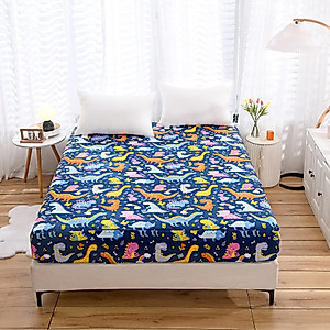 NATURETY Soft Bedding Fitted Sheet with Deep Pocket,Thicken Fabric Dino Printed Bed Sheets for Teens (Navy Blue(Dinosaur), Twin)