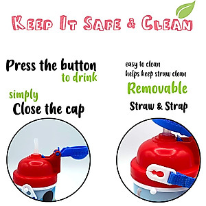 Zak Designs Disney Classic Mickey Carrying Strap One Touch Water Bottles with Reusable Built in Straw - Safe Approved BPA Free, Easy to Clean, for Kids Girls Boys, Goodies Home Travel