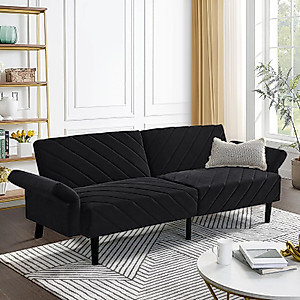 87 Inch Futon Sofa Bed, Modern Convertible Sleeper Futon Couch with Adjustable Armrests and Backrest, Velvet Oversized Loveseat Sofa Couch for Living Room, Apartment,Black