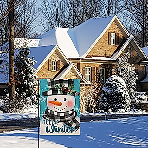 Covido Home Decorative Hello Winter Snowman Garden Flag, Buffalo Plaid Check Yard Outside Decorations, Outdoor Small Decor Double Sided 12x18
