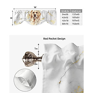 Tie Up Curtain Valance Window Topper 1 Panel 42x18in,Farm Cute Dog Gold White Marble Adjustable Rod Pocket Short Window Shade Valances for Kitchen Bedroom Windows,Modern Abstract Wild Symbol Stone