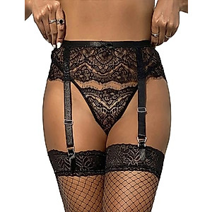 Women Plus Size Lace Garter Blet with 4 Straps Metal Clip for Stocking Mesh Suspender Belt with Thong