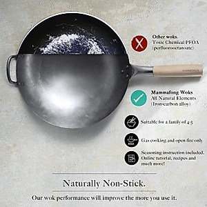 Mammafong Round Bottom 14-inch Traditional Carbon Steel Wok Pan - Authentic Hand Hammered Woks and Stir Fry Pans - Pow Wok with no chemical coating