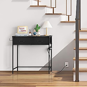 Narrow Console Table with Drawers Black Entryway Table with Storage Shelves Behind Sofa Table with Outlet for Living Room Bedroom Couch Hallway, Black