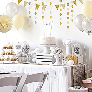 White Gold Champagne Party Decorations - 23pcs Tissue Pom Poms Streamers,Christmas Wedding Engagement Tassel Garland Banner,Bachelorette Neutral Birthday Baby Bridal Shower Decor Lasting Surprise