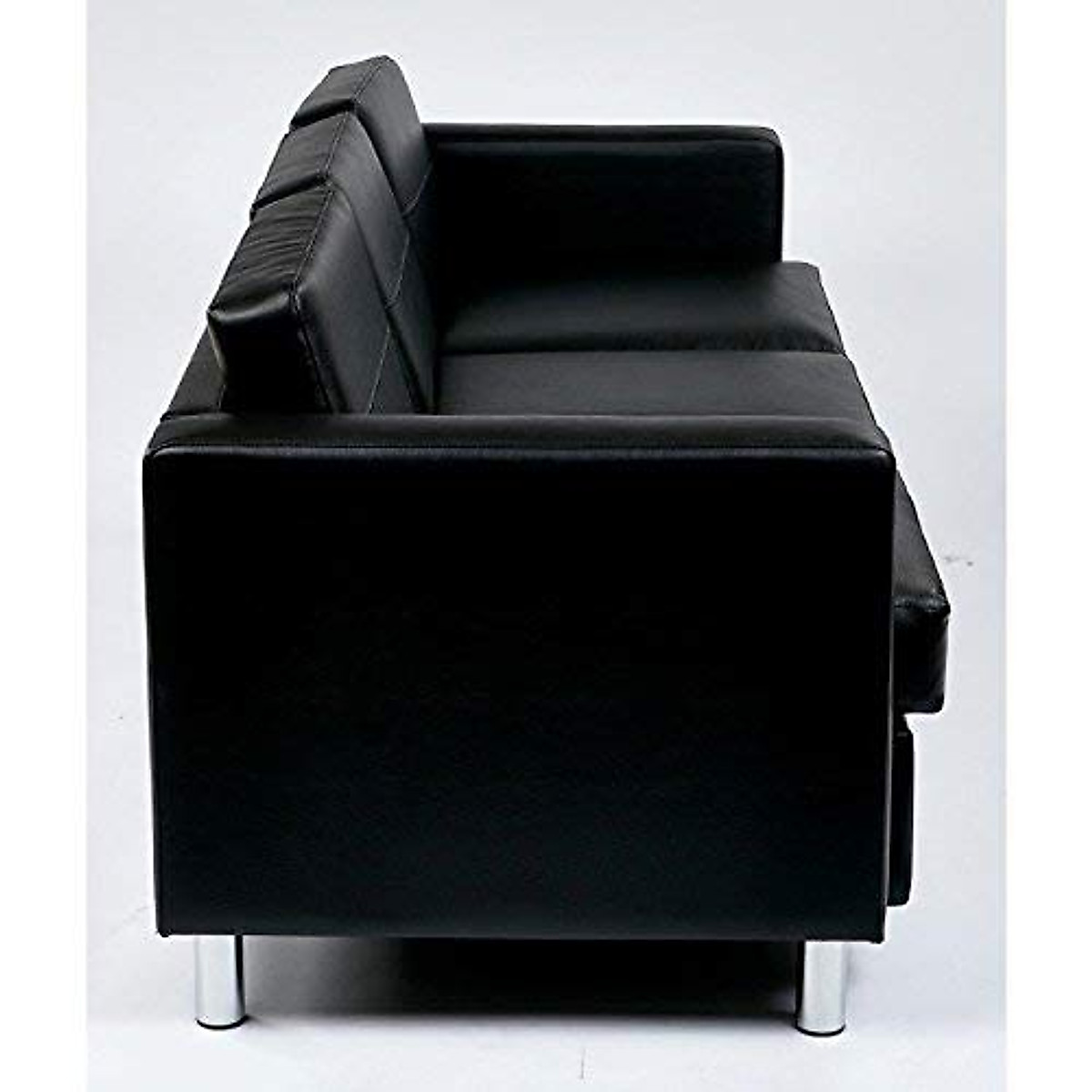 OSP Home Furnishings Pacific Vinyl Sofa Couch with Spring Seats and Silver Metal Legs, Black