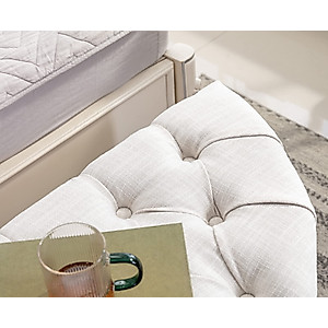 Janoray Farmhouse Upholstered Tufted Bench Wooden Half Moon Entryway Ottoman for Front Hallway Corner Window Bedroom End of Bed Living Room Coffee Table, Beige