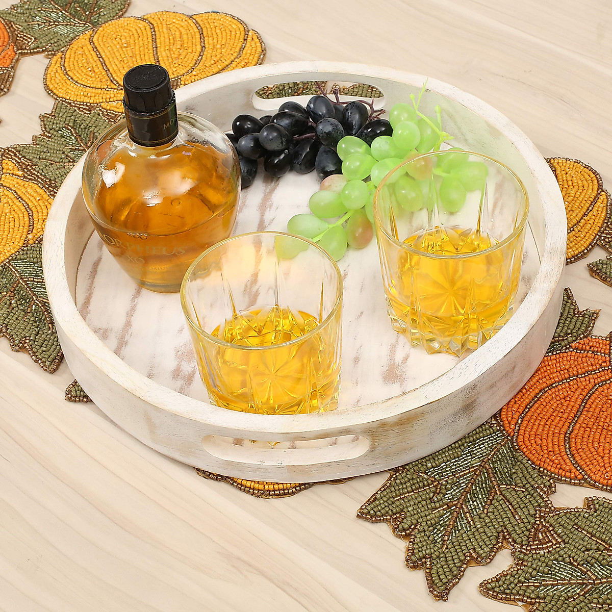 Wooden Serving Tray, Round Wood Tray with Handles, Antique White Decorative Tray for Ottoman, Kitchen/Coffee Table, Set of 2