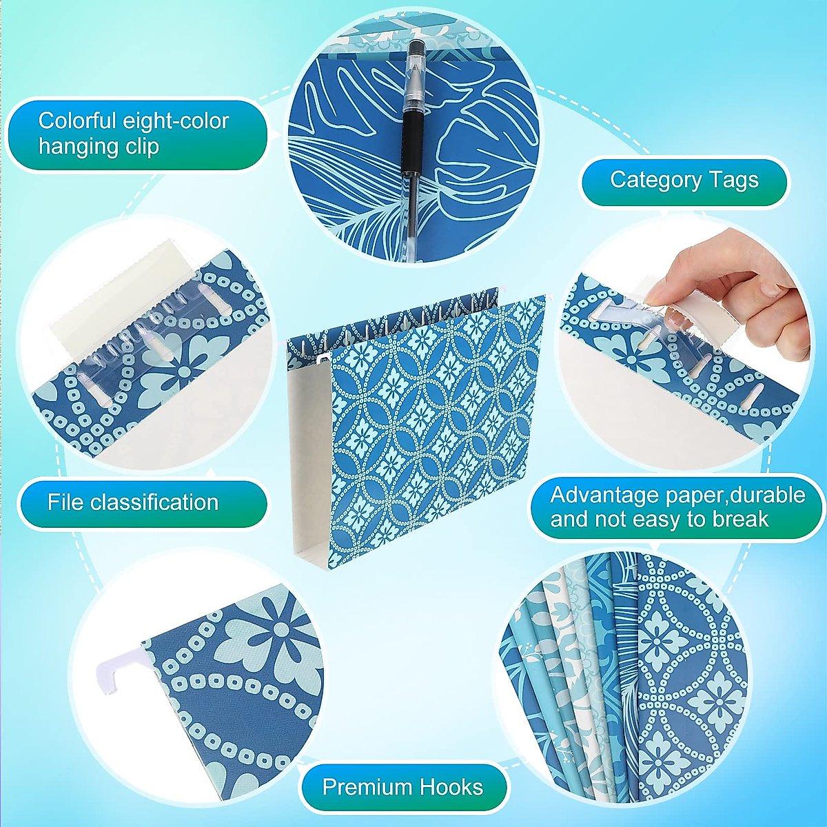 Estune 32 Pcs Decorative Hanging File Folders Letter Size Cabinet File Folders Organizers with 1/5 Cut Adjustable Tabs for Office Desk Filing Cabinet Home(Blues)