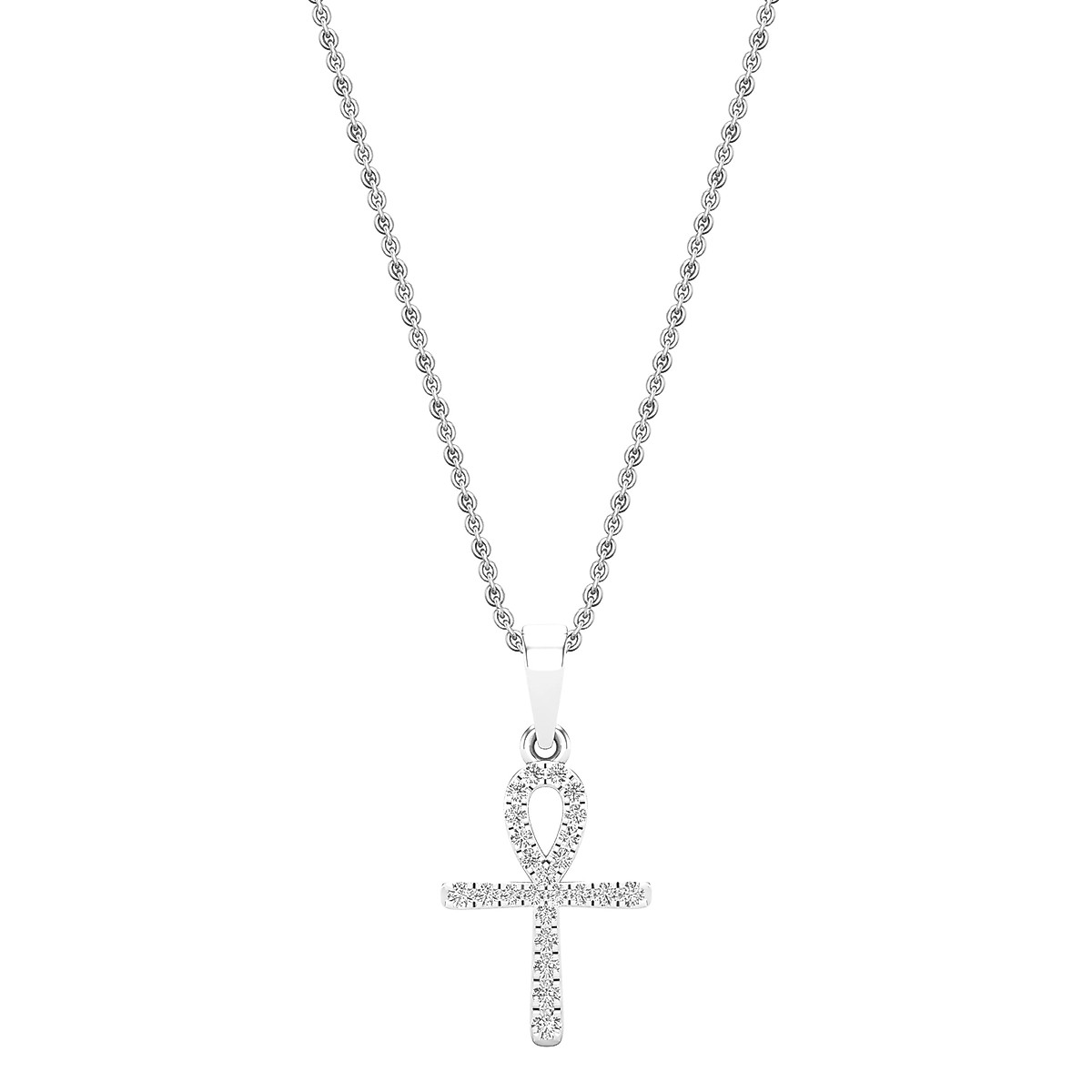Dazzlingrock Collection Round White Diamond Ankh Cross Pendant for Women with 18 inch Silver Chain (0.16 Ctw) in 14K White Gold