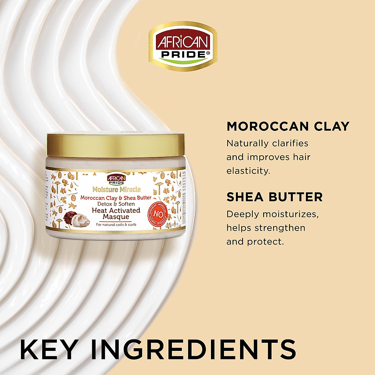 African Pride Moisture Miracle Moroccan Clay & Shea Butter Heat Activated Masque - For Natural Coils & Curls, Detoxes & Softens, Removes Impurities & Product Build-Up from Hair 12 oz