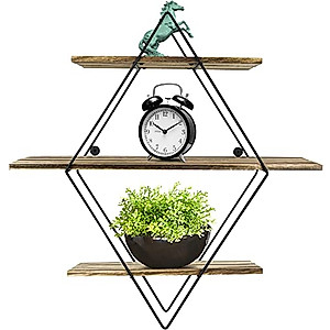Greenco Geometric Diamond Shaped 3 Tier Mounted Floating Shelves, Rustic Wood Wall Storage Shelves for Bedroom, Living Room, Bathroom, Kitchen, Office, Natural Finish
