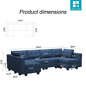 Belffin Modular U Shaped Sectional Sofa Couch with Reversible Chaises 6-seat Sectional Couch with Storage Seat Modular Sectional Set with Ottomans Blue