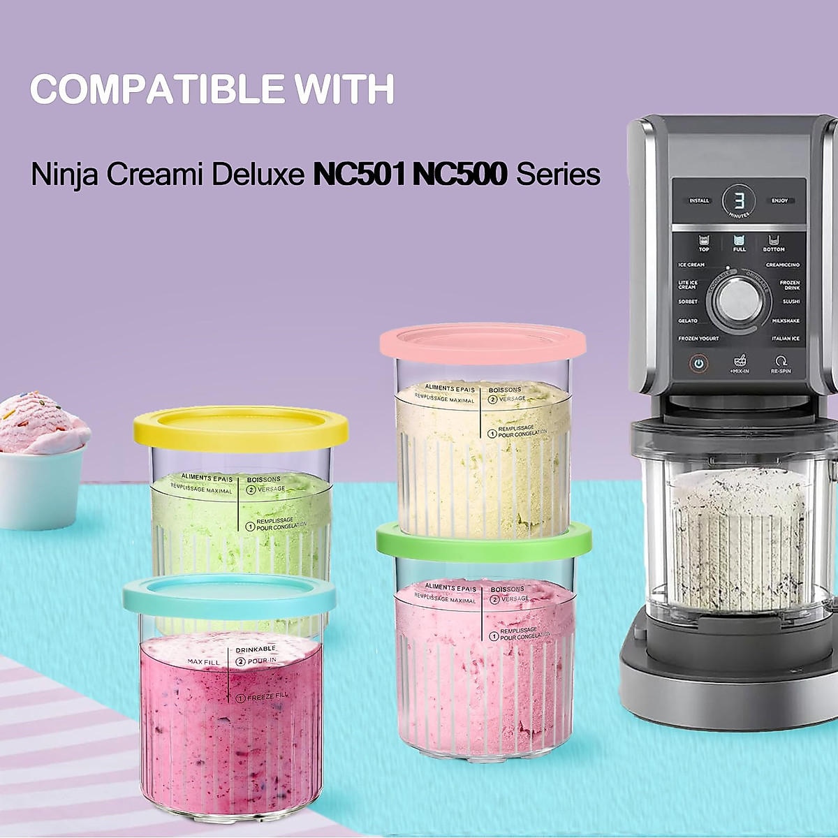 Pint Containers Replacement Fit for Ninja Creami Deluxe Pints and Lids - 4 pack, 24oz XL Cups Compatible with Ninja 11-in-1 NC500/NC501/CN501CO Series Ice Cream Maker - Dishwasher Safe & BPA-Free