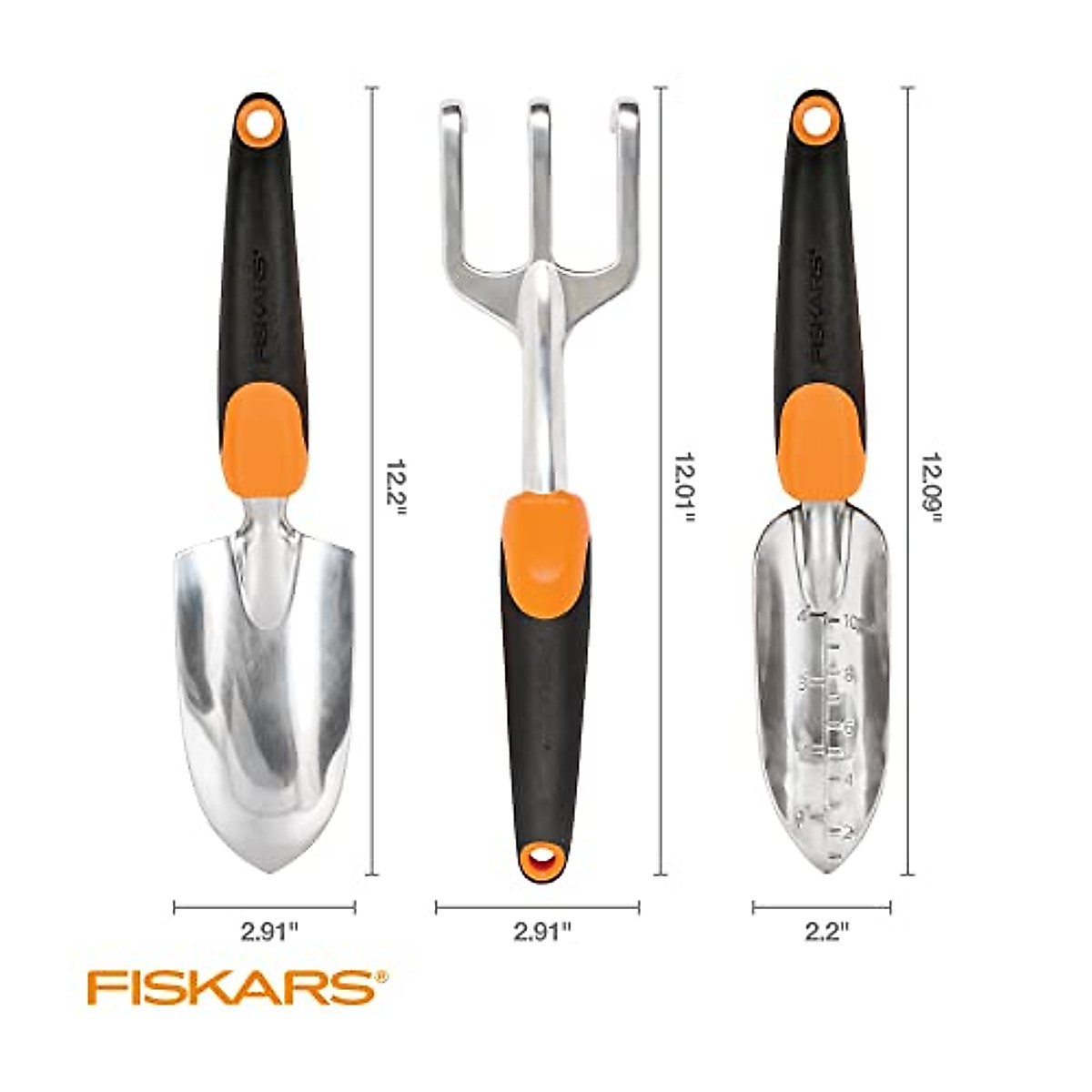 Fiskars 384490-1002 Garden Scratch Tool Set with Shovel, Hand Rake and Spade for Weed Removal, Digging, Gardening, Black/Orange