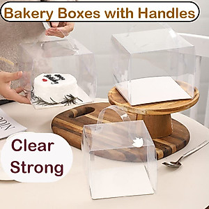 DNPHRPY 6X6X6 Inches 20pcs Clear Cake Boxes with Handles & Cake Boards, Bakery Box with Handles for Mother's Day Gifts, Desserts, and Cupcakes, Disposable Bakery Containers, 1 Ribbon & 4 Stickers