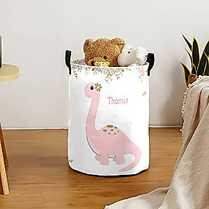 Pink Floral Girl Dinosaur Personalized Laundry Hamper ,Custom Name Collapsible Waterproof Laundry Basket Storage Bins with Handle for Clothes,Toy,Nursery