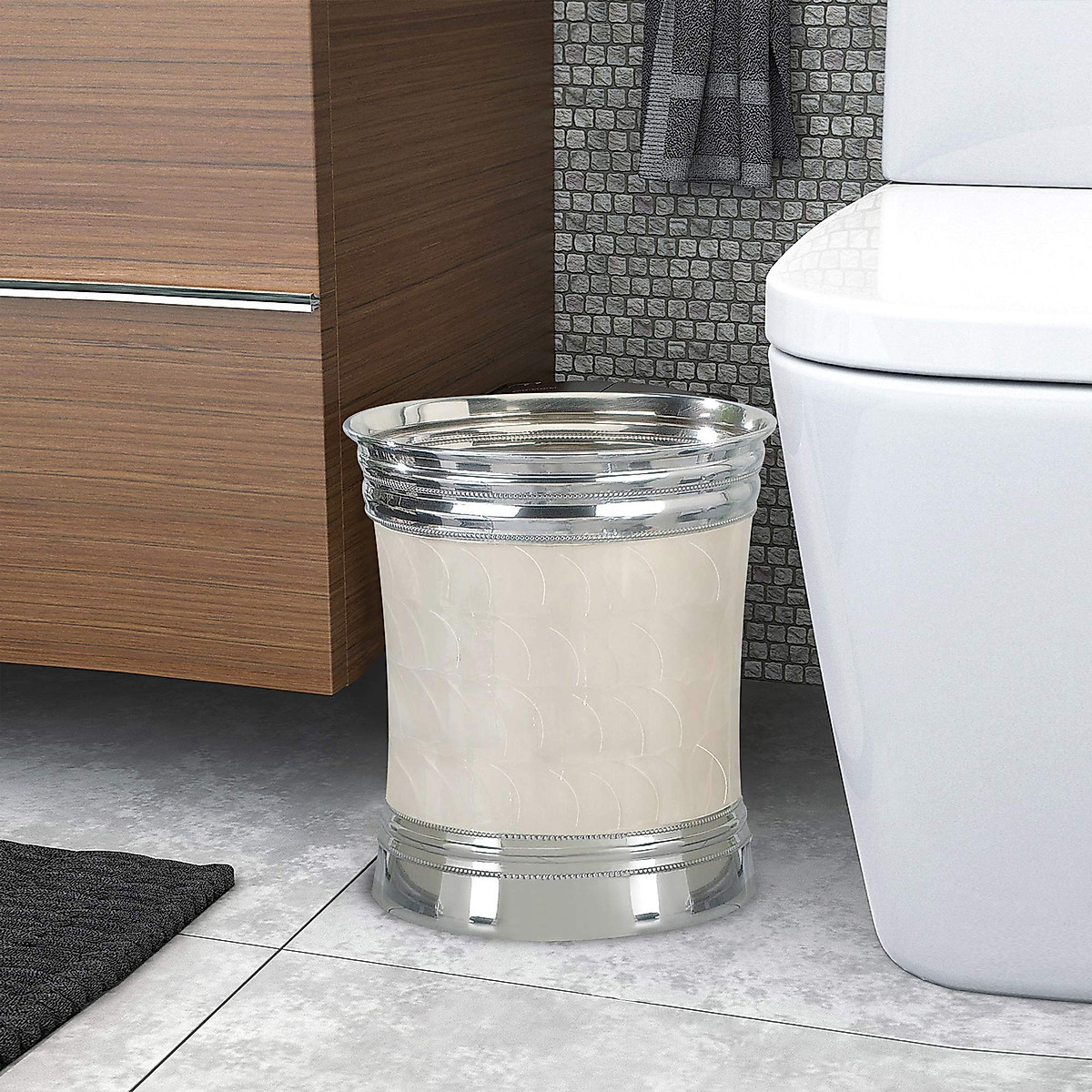 nu steel Fantasy Collection Wastebasket Small Round Vintage Trash Can for Bathroom, Bedroom, Dorm, College, Office, 8" x 10" x 8.8", Chrome Finish with Mother of Pearl Enamel., Under 5 Gallons (Fantasy/FA8H)