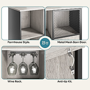 Bestier Industrial Bar Cabinet for Liquor and Glasses with Sliding Metal Mesh Door Kitchen Accent Sideboard Buffet Wine Rack with Adjustable Shelf Home Bar Furniture Gray