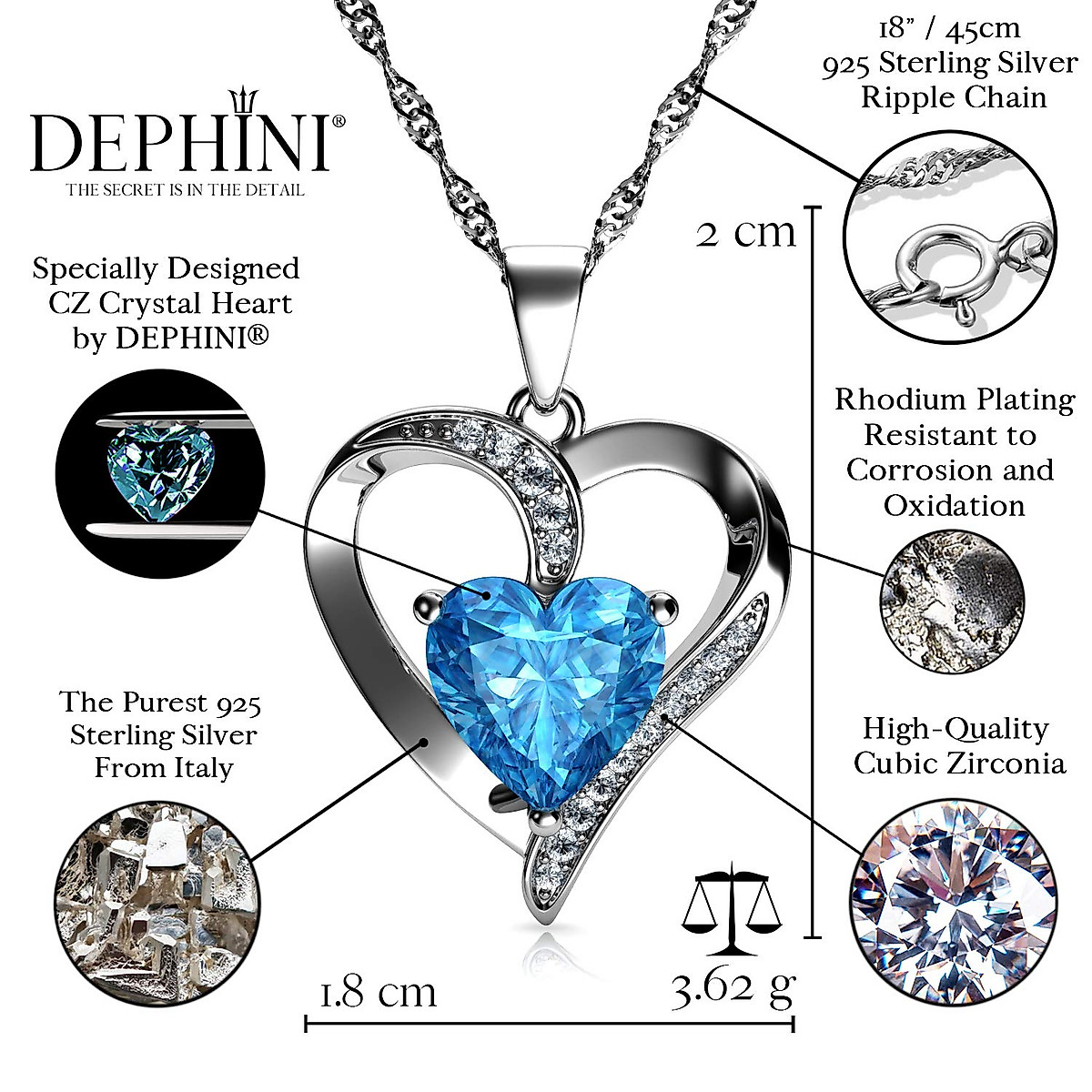 DEPHINI - Heart Necklace - 925 Sterling Silver - Aquamarine Birthstone Embellished with Branded Crystal Pendant - Fine Jewelry 18" Rhodium Plated Chain