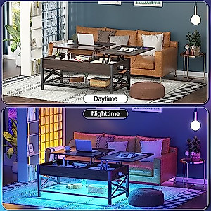 Aheaplus Coffee Table, Lift Top Coffee Table with LED light and Power Outlet, Modern Lift-Top Table with Storage Shelf, Center Table for Living Room with Lift Tabletop, X Support Metal Frame, Espresso