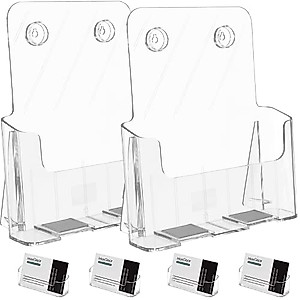 MaxGear Acrylic Brochure Holder 8.5x11 inches 2Pack, Acrylic Literature Holder Flyer Holder Pamphlet Holder Rack Card Holder Plastic Booklet Display Stand for Magazine with Clear Business Card Holder