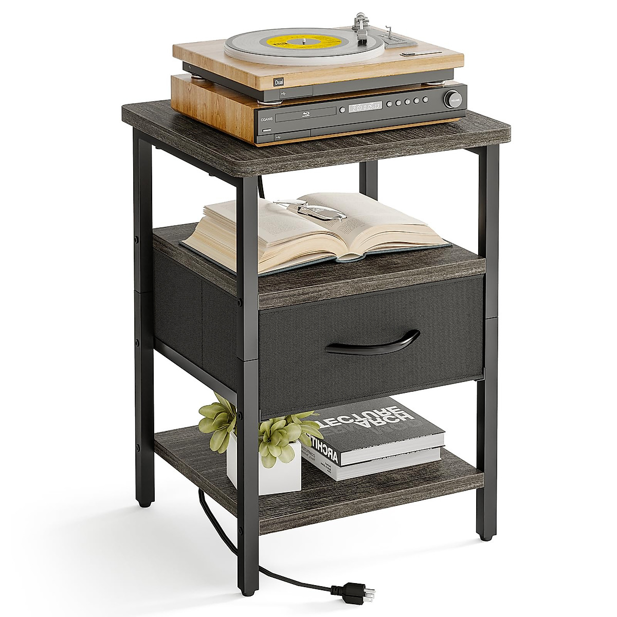 Fixwal Nightstand with Charging Station, 23.6Inch Side Table with Fabric Drawer, Storage Side Table for Bedroom, Gray