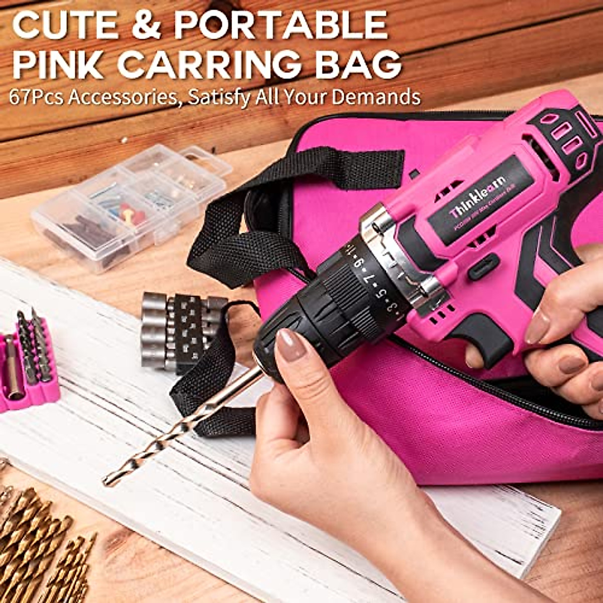 Pink Cordless Drill Set, 20V Lithium-ion Power Drill Set for Women with 67Pcs Drill Driver Bits, 3/8"Keyless Chuck, 25+1 Position Electric Drill, 2.0Ah Battery, Fast Charger and Storage Bag Included