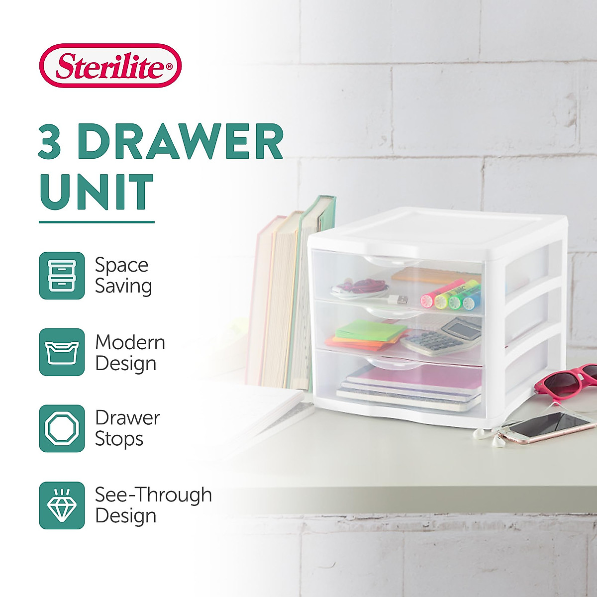 Sterilite 17918004 3 Drawer Unit, White Frame with Clear Drawers, Pack of 4