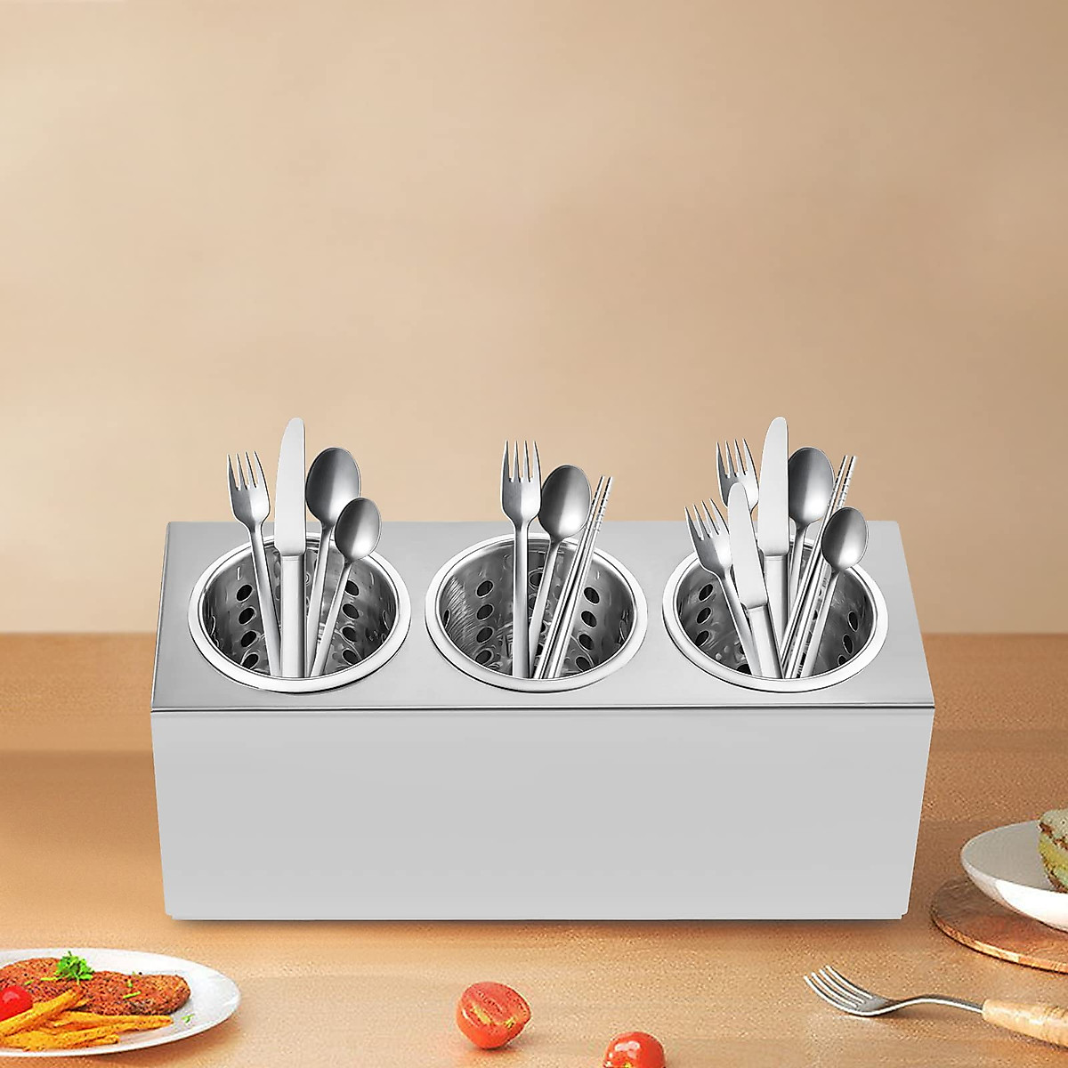 TFCFL Flatware Cylinder Holder,Commercial 3-Hole Stainless Steel Cylinder Flatware Silverware Utensil Holder Organizer Caddy 15.16x6.1x6.3inch,Silver (3-Hole)